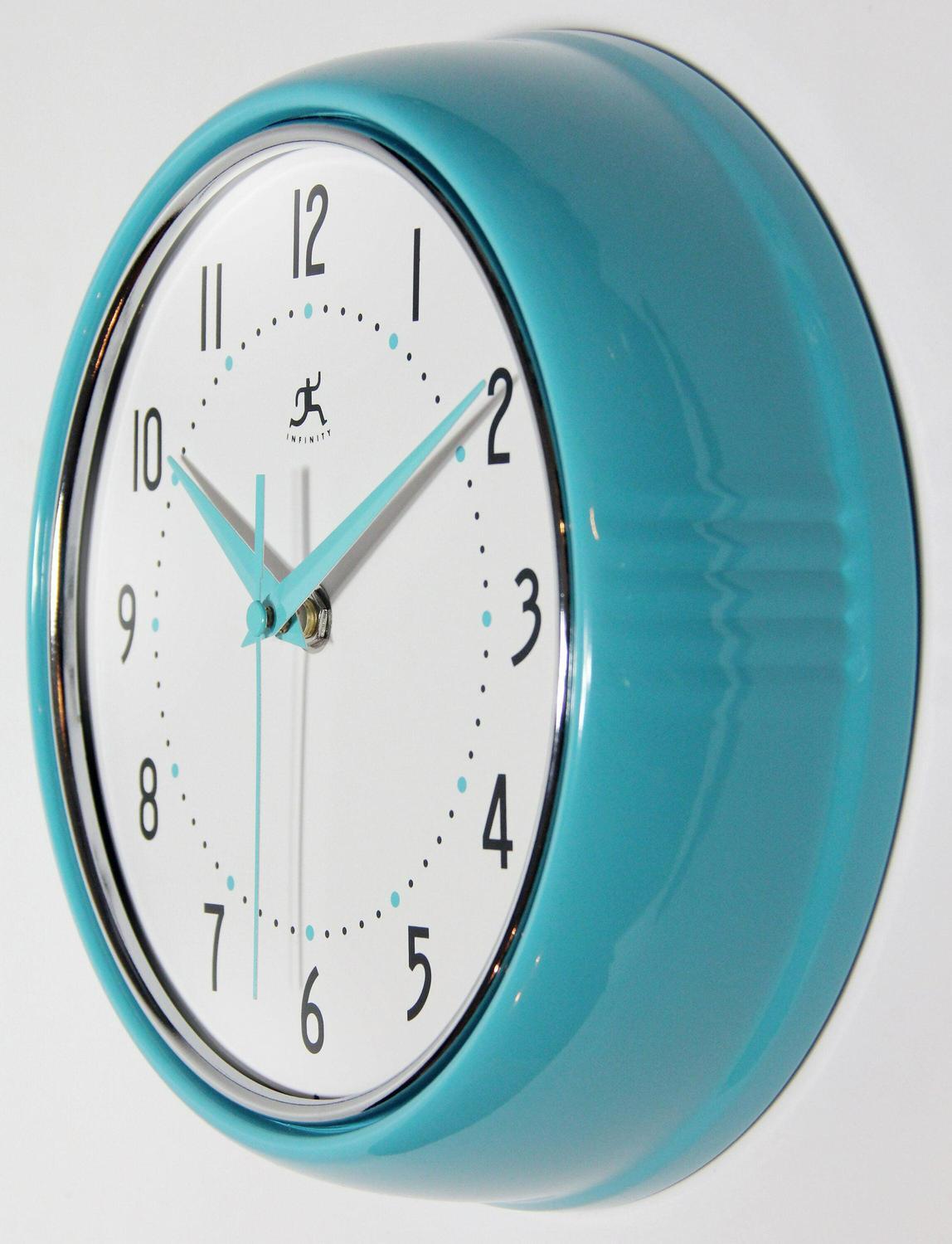 Retro Kitchen Wall Clock Metal 9.5" Round Vintage Turquoise Quiet ...