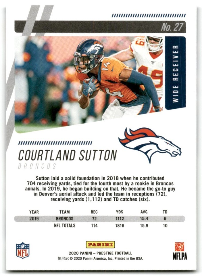 2020 Panini Prestige Football Card Courtland Sutton #27 Denver Broncos ...