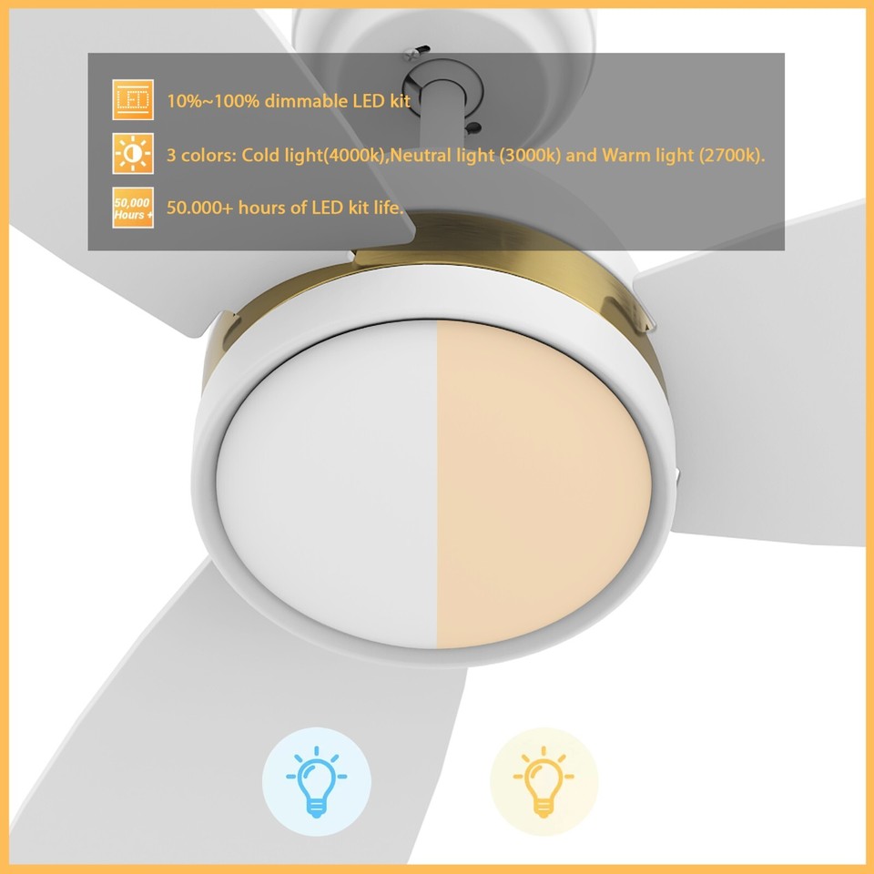 48in White and Gold Downrod Smart Control Ceiling Fan with LED Light ...