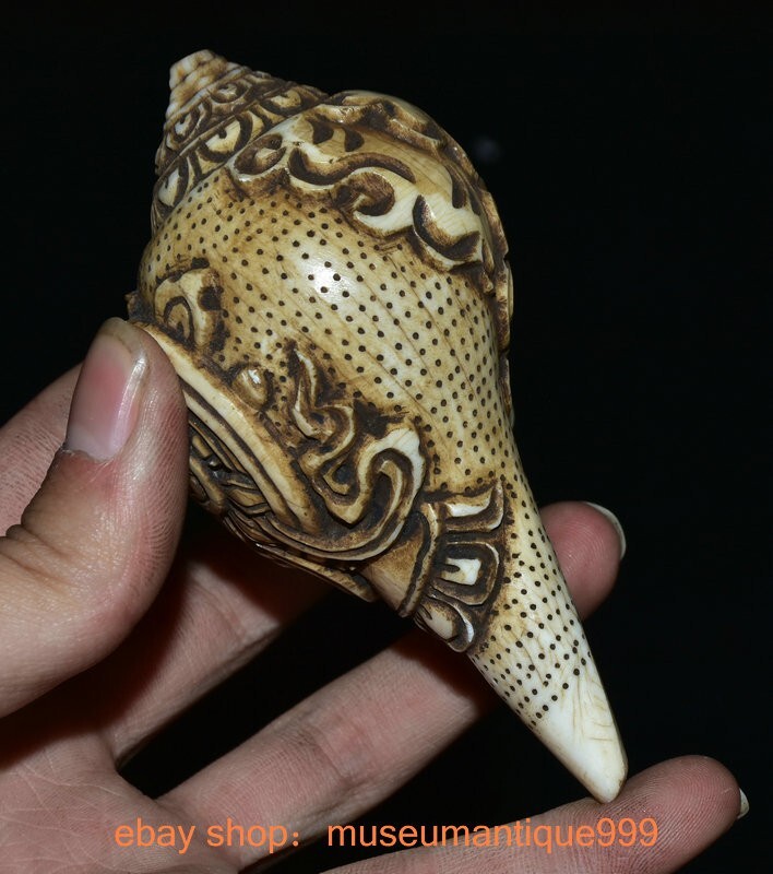4.4" Old Chinese 8 Auspicious Symbol instrument Conch Shell Trumpet ...