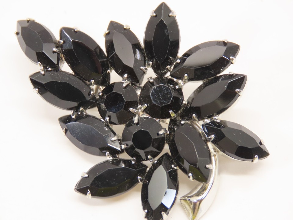 Vintage Black Marquise Park Lane Silver Tone Flower Leaf Pin Brooch ...