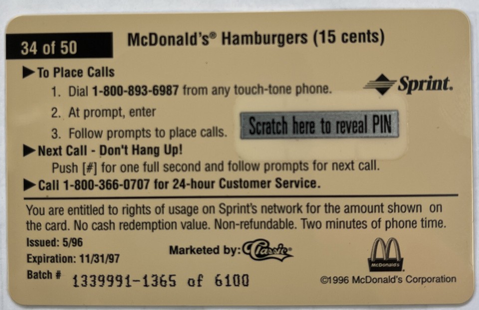 McDonalds 1996 Classic $2 phone card. 15 Cent Hamburgers. Card 34 Of 50 ...