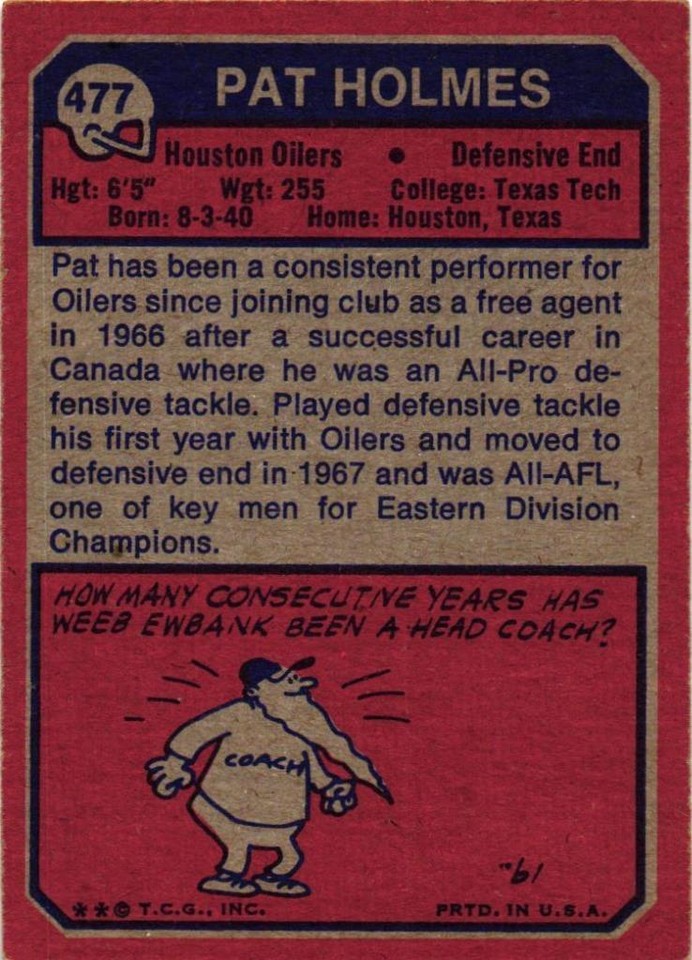PAT HOLMES 1973 Topps Football #477 FREE SHIPPING B7R3S17P23 | eBay