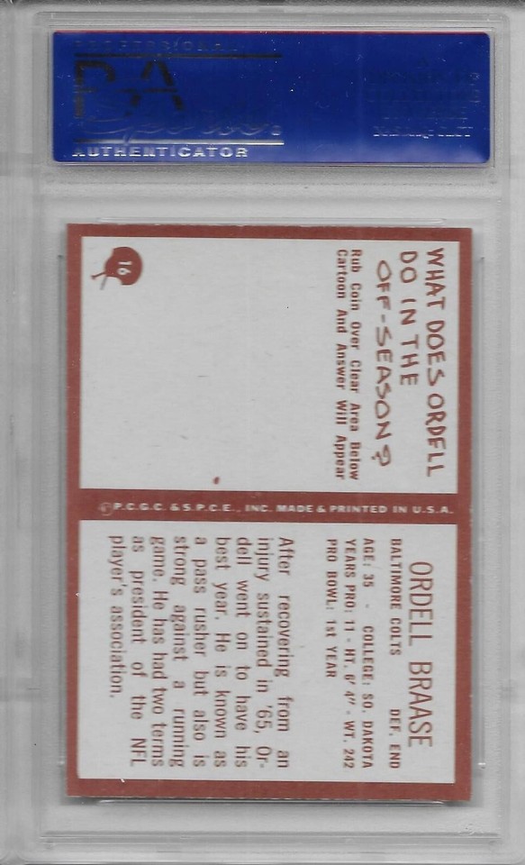 1967 PHILADELPHIA FOOTBALL RC Ordell Braase #16 PSA 8 NM-MT Baltimore ...