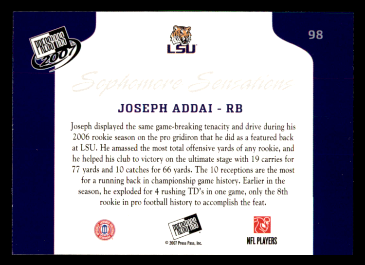 2007 Press Pass Joseph Addai Reflectors Blue SS #98 LSU Tigers | eBay
