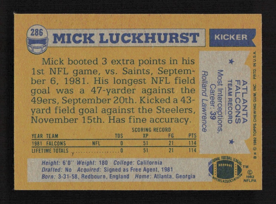 1982 Topps Football Mick Luckhurst RC #286 Atlanta Falcons | eBay