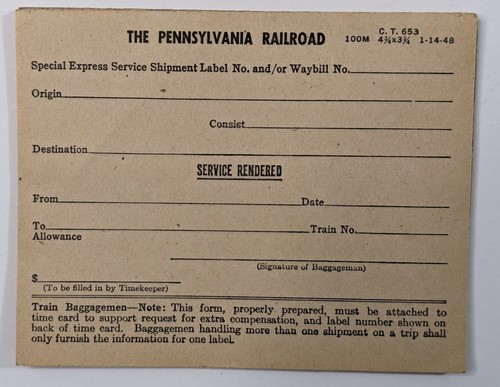 Pennsylvania Railroad PRR Express Shipment Ticket Waybill Train Label ...