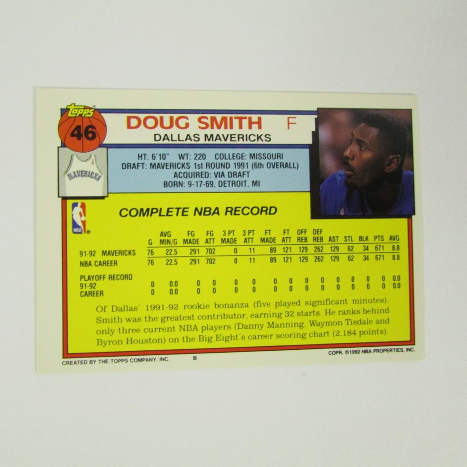 Doug Smith NBA Basketball Card (Dallas Mavericks) 1992-93 Topps #46 | eBay