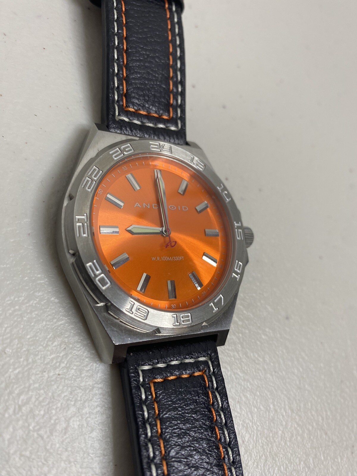 Android Men’s Watch Orange Dial Stainless Steel Genuine Leather Strap ...