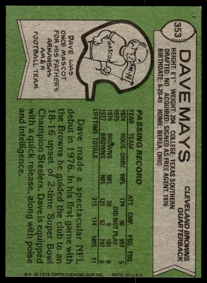 1978 TOPPS DAVE MAYS B RC CLEVELAND BROWNS #353 | eBay