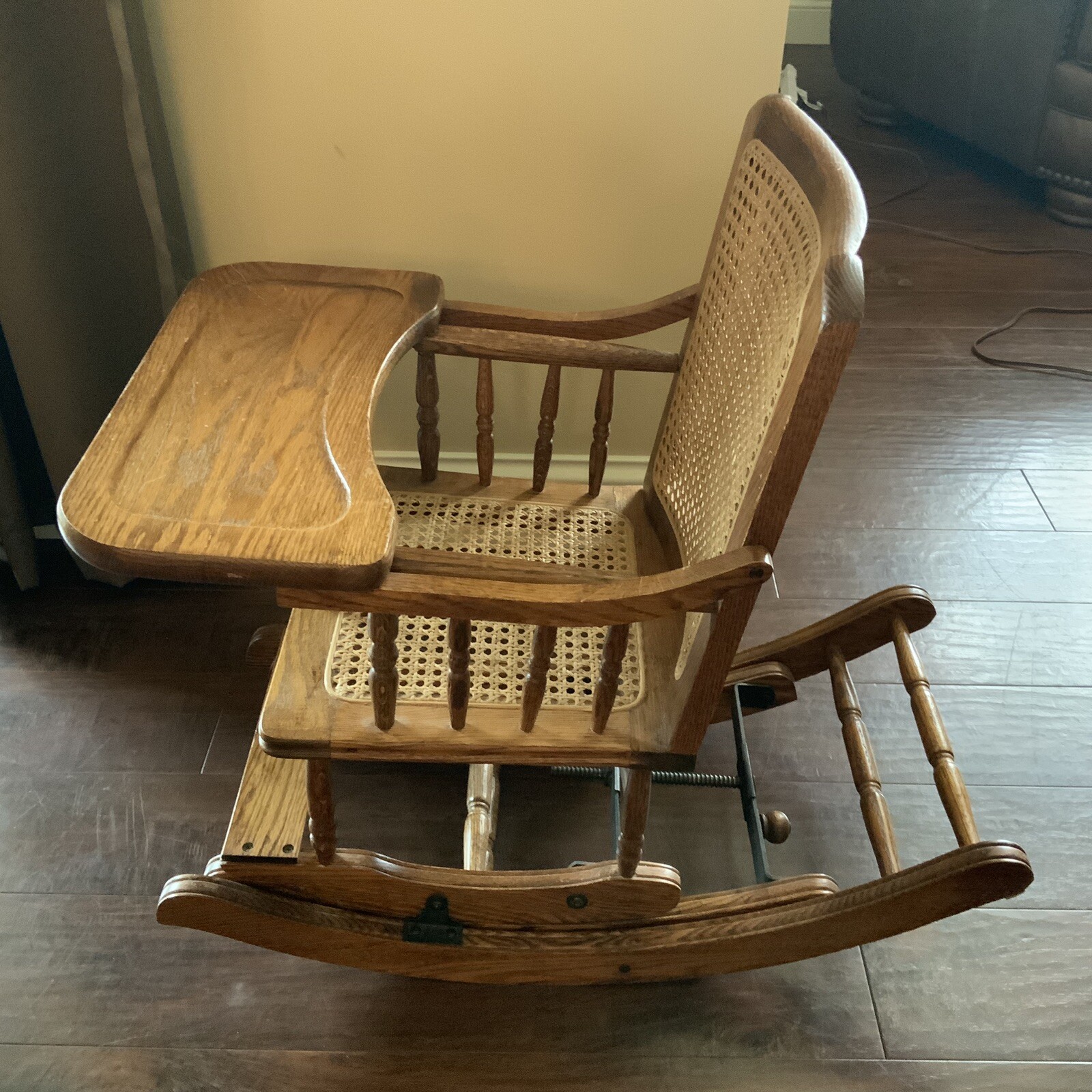 CHILD'S ANTIQUE HIGH CHAIR /ROCKER OAK W/ CANE SEAT -HAND CRANK | eBay