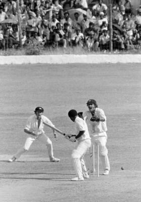 West Indies batsman Maurice Foster is bowled for 12 runs by - Cricket ...