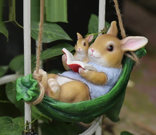 Reading Lying Rabbit Statue Garden Sculpture Hanging Figurine Home ...
