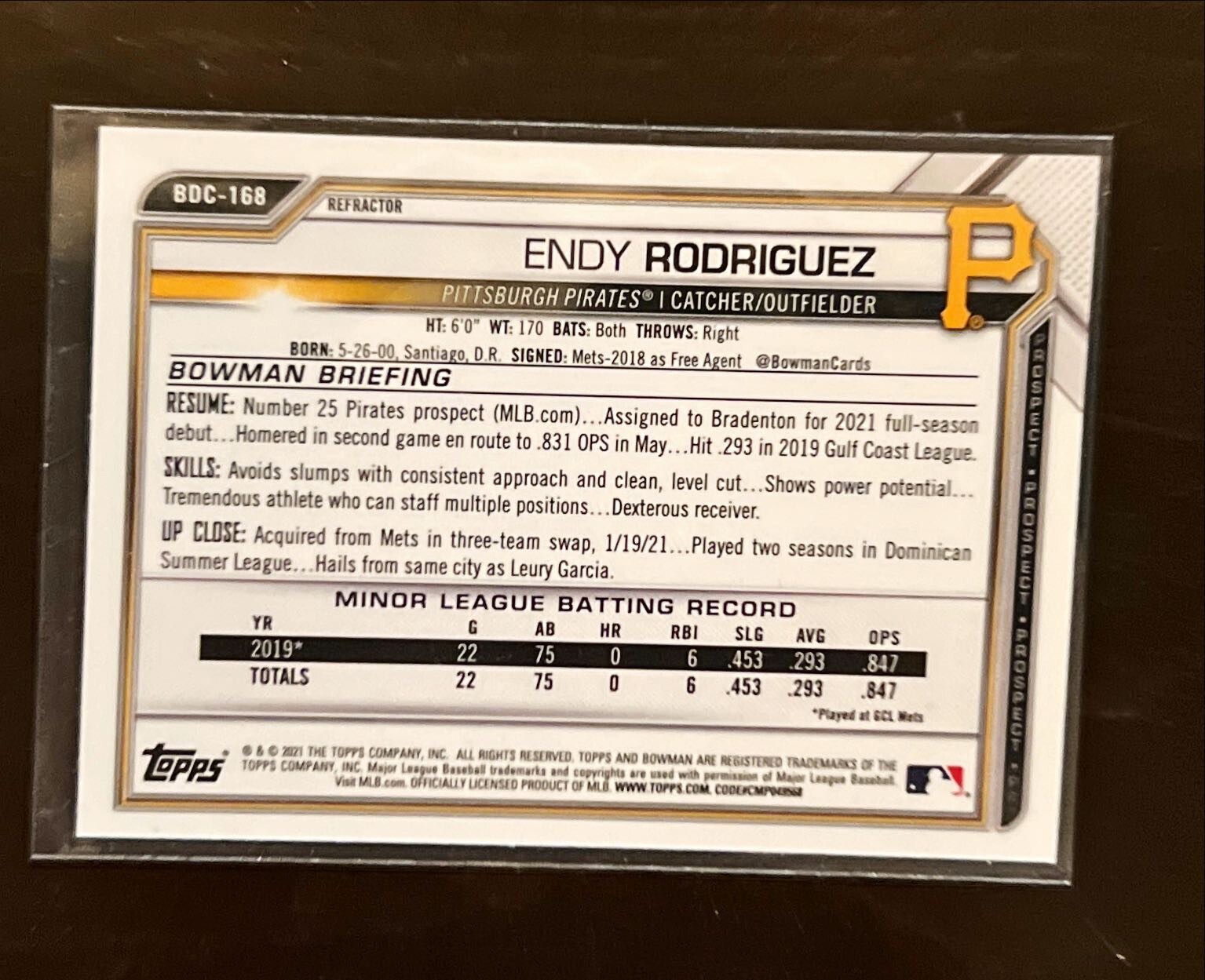 Endy Rodriguez 2021 Bowman Chrome Refractor Draft 1st BDC-168 PIRATES ...
