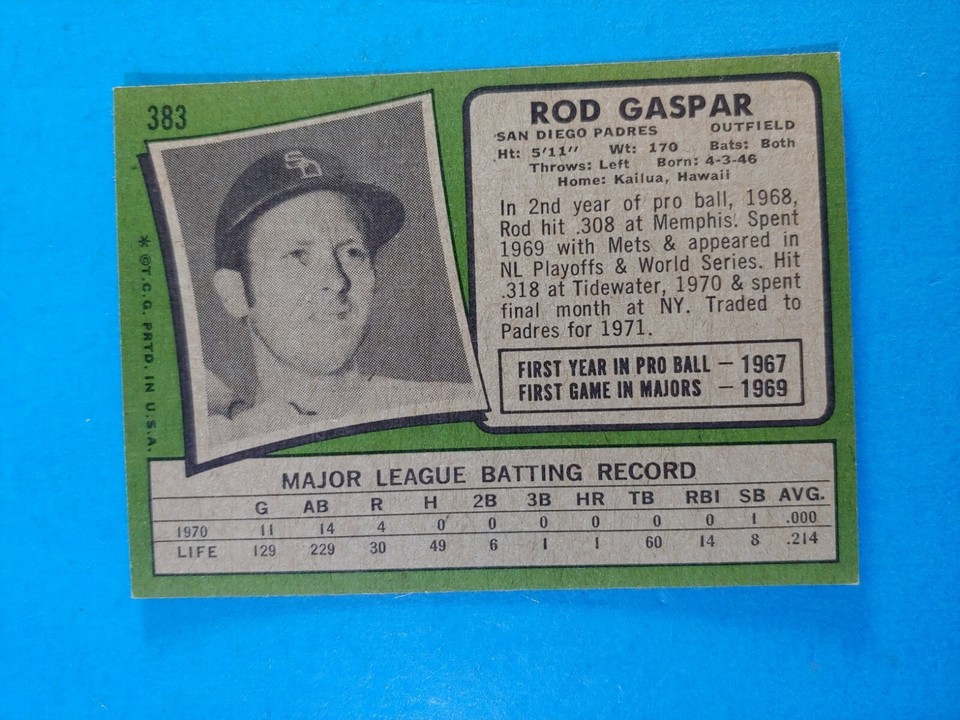 1971 TOPPS BASEBALL #383 ROD GASPAR EX-MINT | eBay