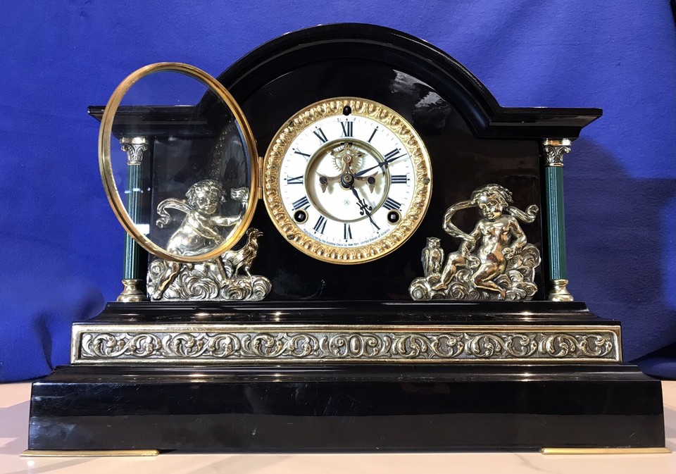 1882 VINTAGE ANTIQUE CAST IRON ANSONIA KEY WOUND STRIKES ANGEL CLOCK ...