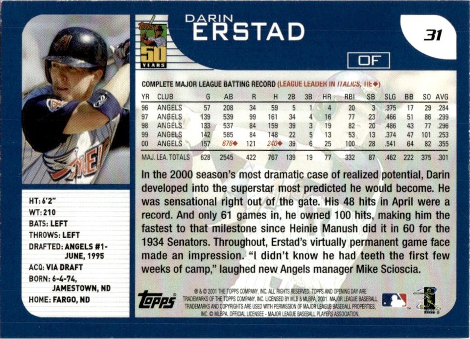 2001 TOPPS OPENING DAY DARIN ERSTAD #31 ANAHEIM ANGELS 692 | eBay