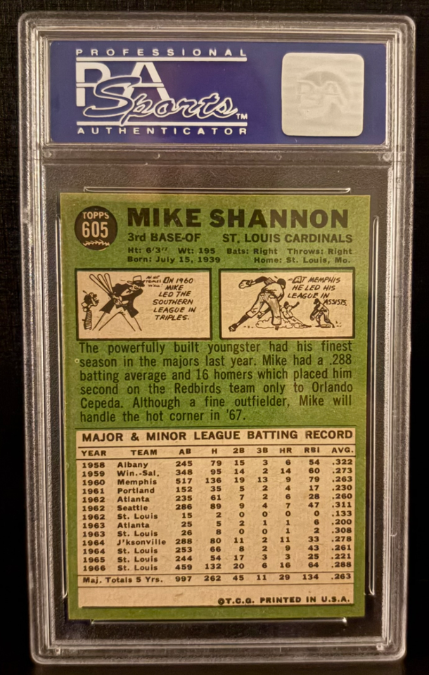 1967 Topps Baseball - #605 Mike Shannon Cardinals NM-MT PSA 8 (High ...