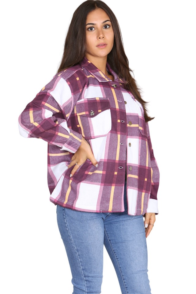 Women Ladies Fleece Casual Jacket Shacket Check Collared Girls Top ...