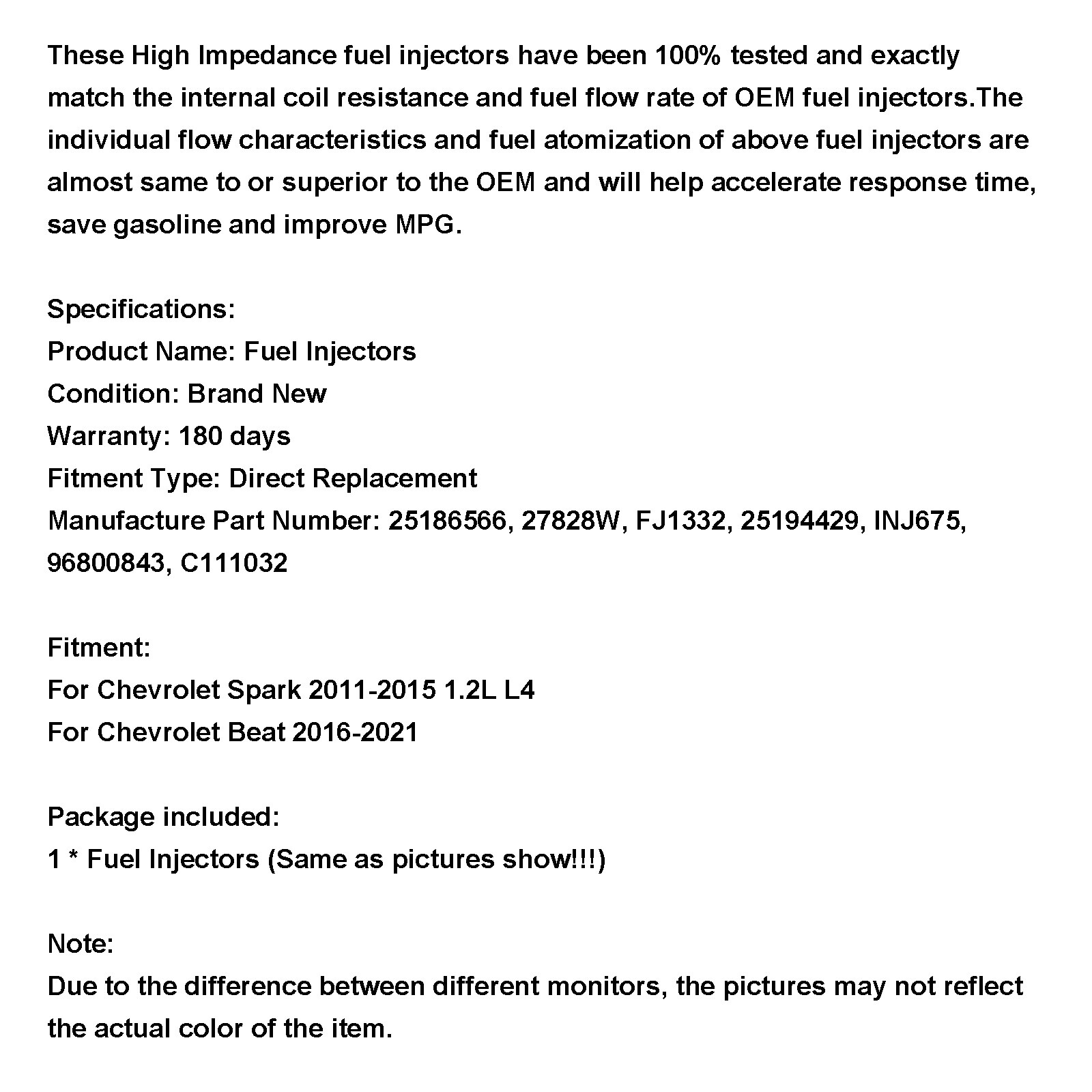 1PCS Fuel Injectors 96800843 Fit Chevrolet Spark 2011-2015 1.2L L4 ...