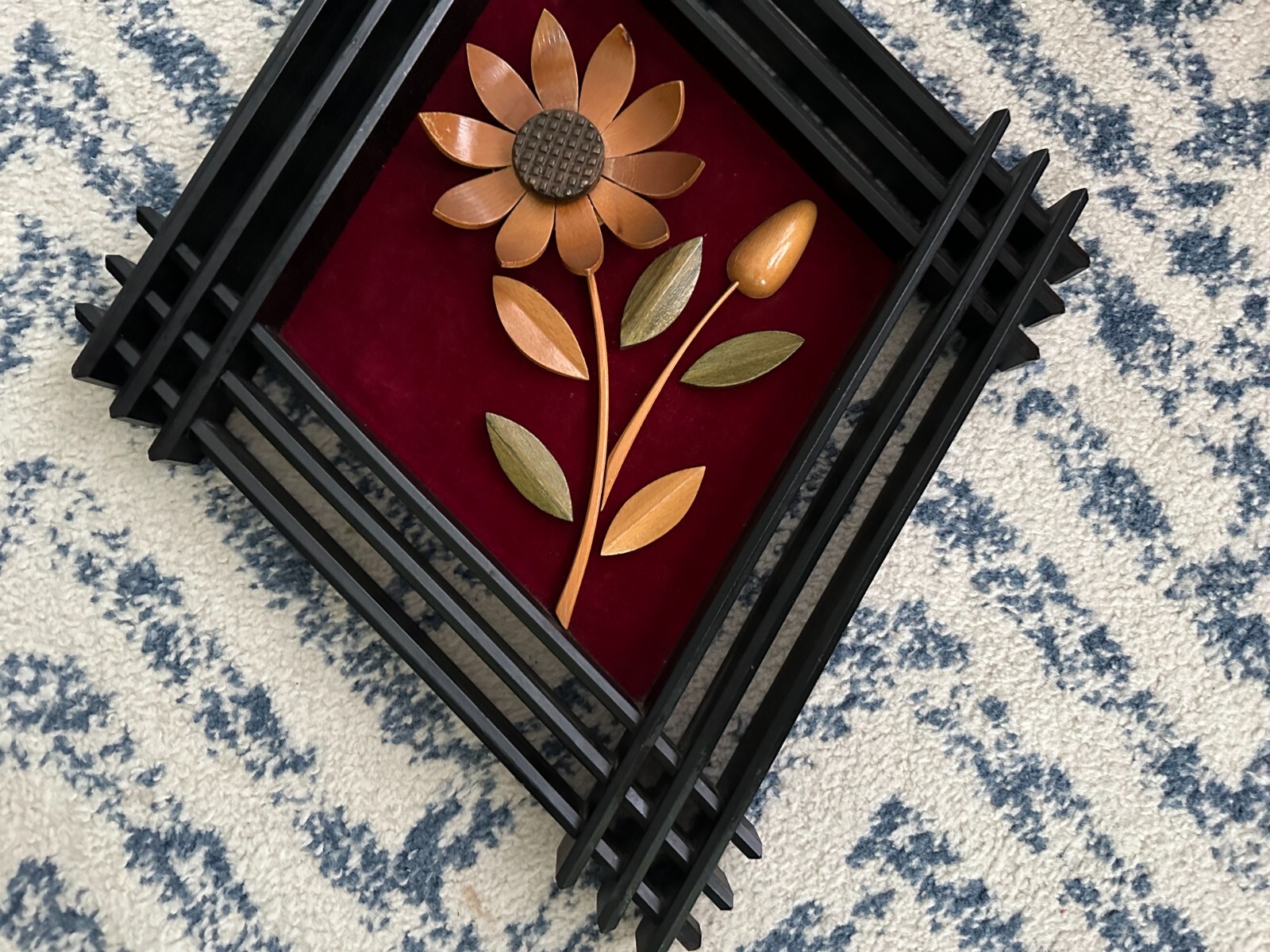 Vintage MCM Wood Carved Flower Black Diamond Framed Velvet Wall Art 24 ...