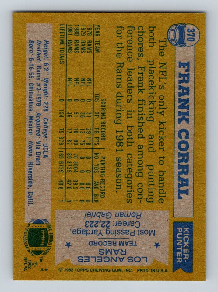 1982 Topps Frank Corral #370 Los Angeles Rams | eBay