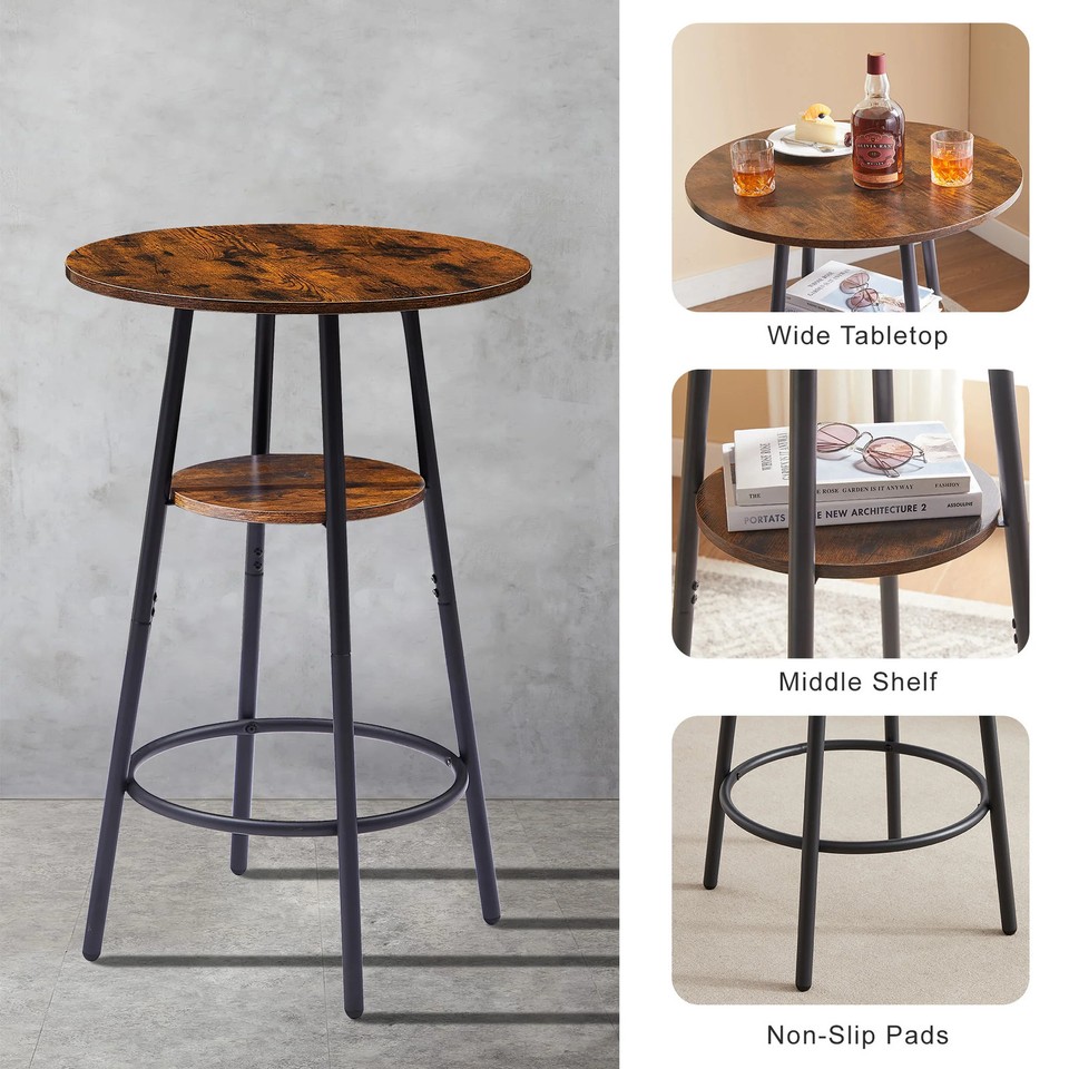 Rustic Brown Round Bar Stool Set with Backrest & Shelves | eBay