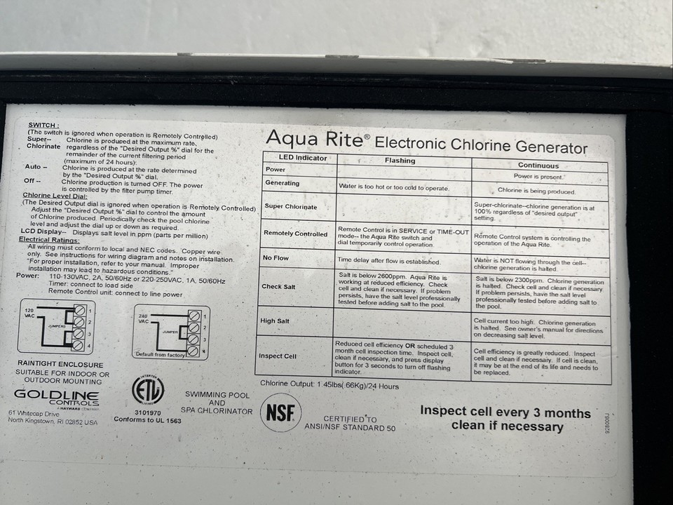 Hayward Goldline Aqua Rite Salt Generator Panel - Cell Not Included ...