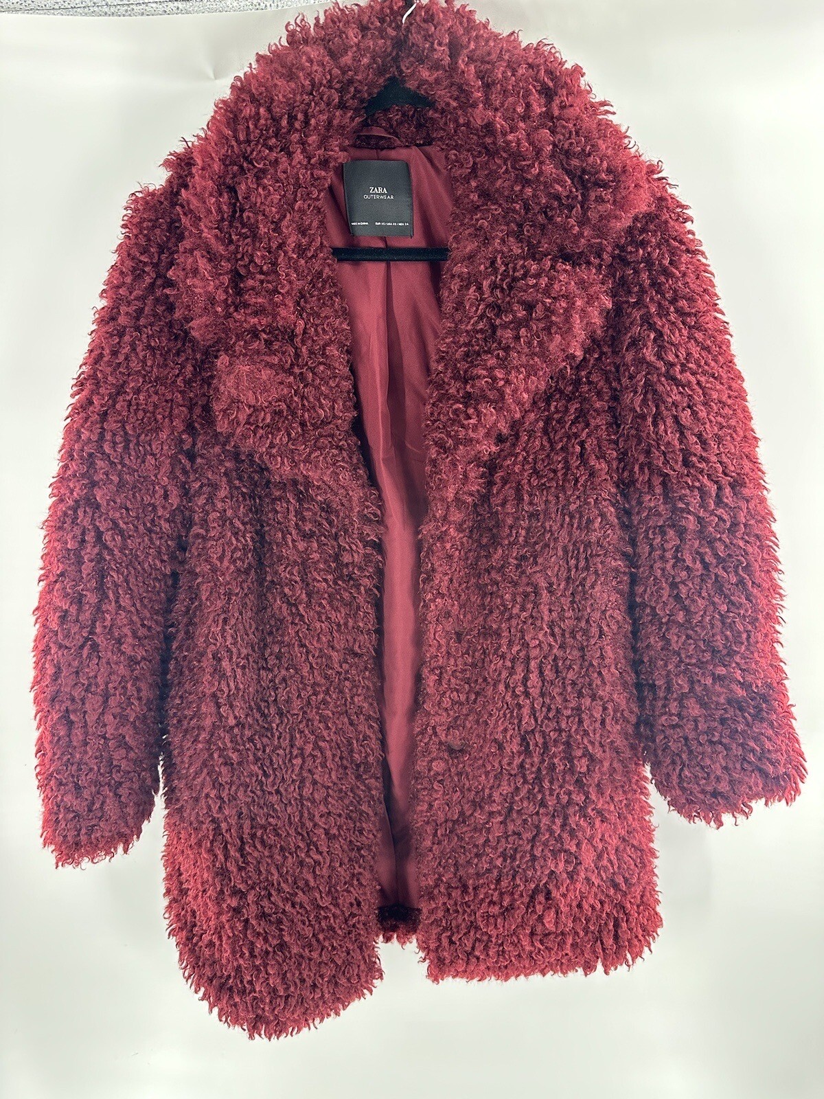 ZARA Faux Shearling Teddy Coat Burgundy Size XS Fuzzy… - Gem