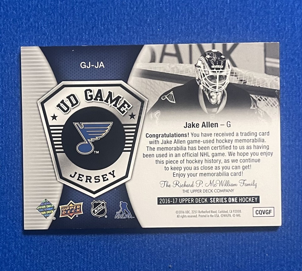 2016-17 Upper Deck UD Game Jersey Jake Allen GJ-JA St. Louis Blues | eBay