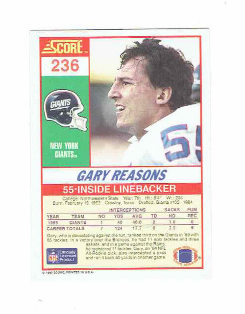 Gary Reasons Giants #55 Inside Linebacker #236 Score 1990 Football Card ...