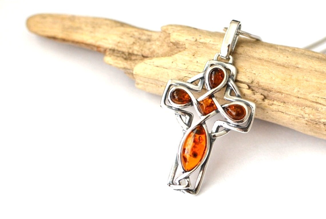 Silver Catholic cross crucifix necklace, Cross amber Necklace, jewelry ...