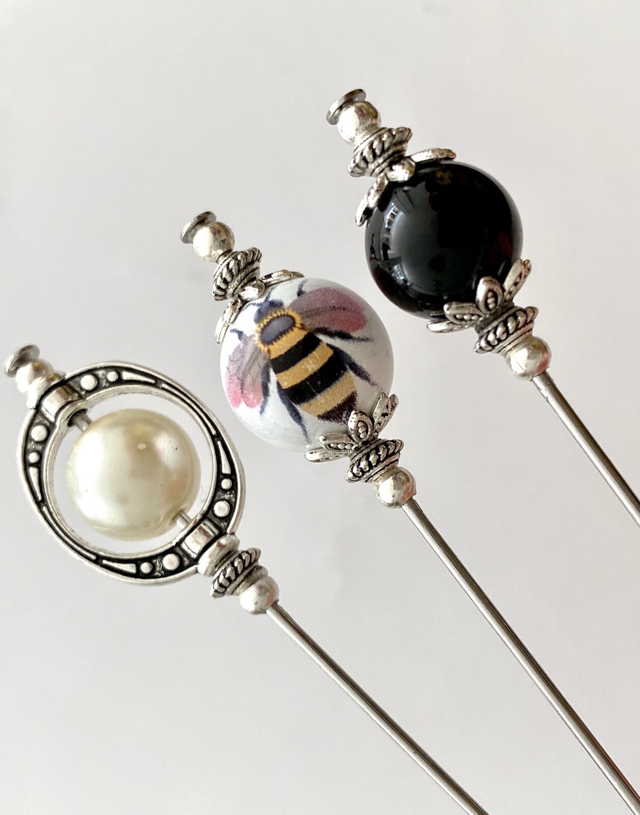 3x Hat Pins Ceramic Bumble Bee, Pearl, Onyx 5” long Hat Pin, Scarf Pin ...