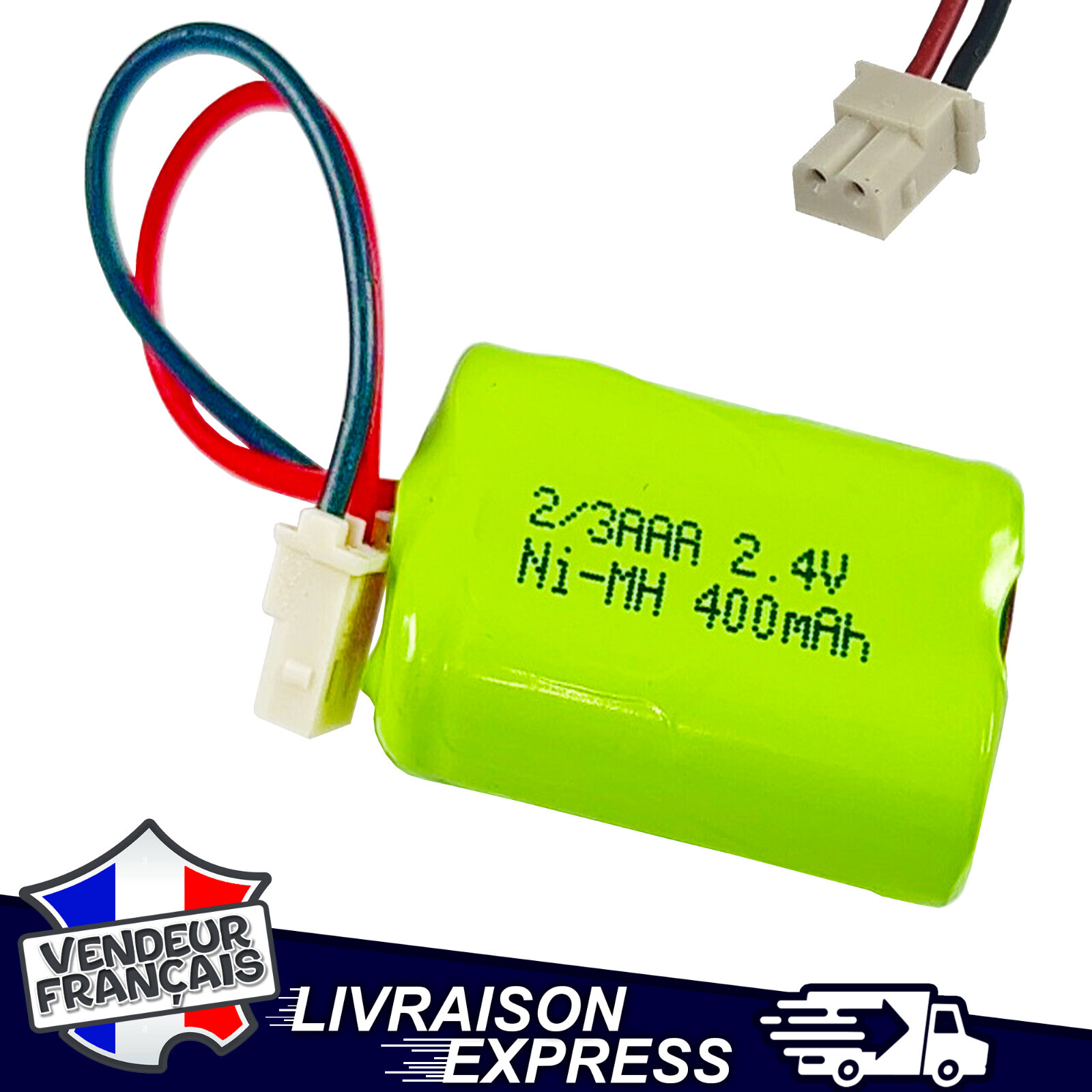 PACK PILE ACCU RECHARGEABLE 2.4V NI-MH 2/3AAA 400mAh AVEC CONNECTEUR ...