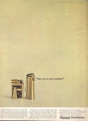 1962 Ronson PRINT AD Lighter Varaflame "Take us to your mother!" great ...