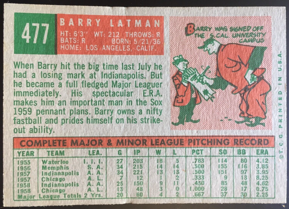 1959 Topps #477 BARRY LATMAN Chicago White Sox MLB baseball card EX+ ...