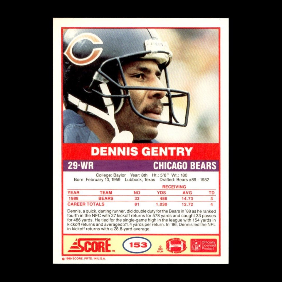 Dennis Gentry 1989 Score Chicago Bears #153 R329O 23 | eBay