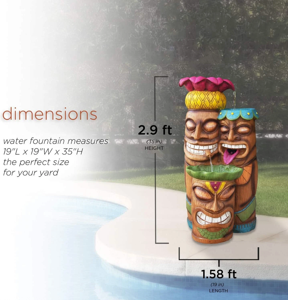 Lighted Outdoor Tiki Water Fountain 3 Tier Patio Bowl Waterfall with ...