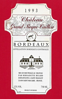 95 66 Etiquette BORDEAUX Château Grand Picque-Caillou 1993 B. Ricard St ...