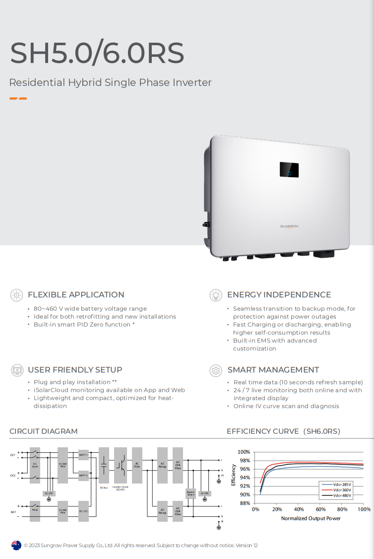 SUNGROW SH5.0RS 5kW 1 Phase 2 MPPT Hybrid Solar Inverter with Wifi ...