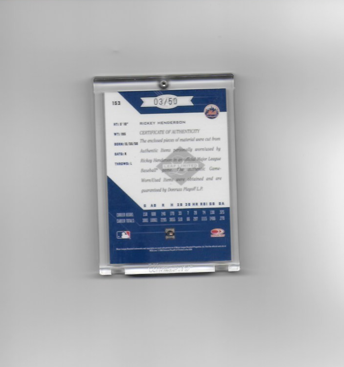 Rickey Henderson 2005 Leaf Limited TNT GU Bat / Jersey Card Mets #3/50 ...