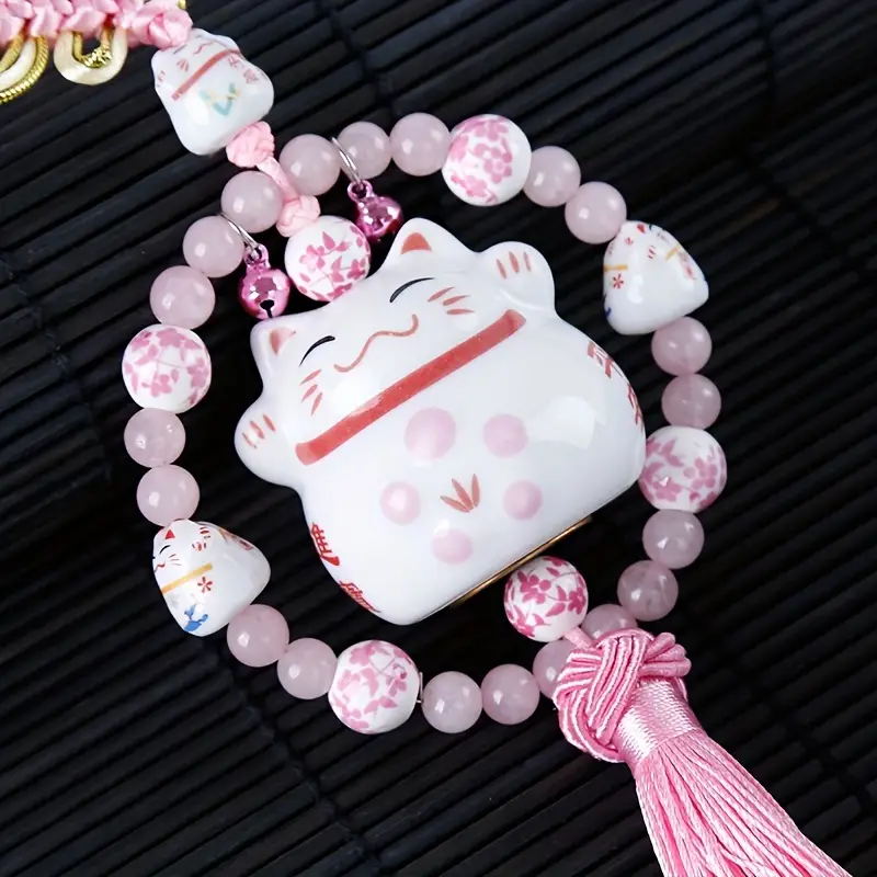 1pc Pink Lucky Cat Charm Ceramic Car Hanging Pendant Chinese Knot ...