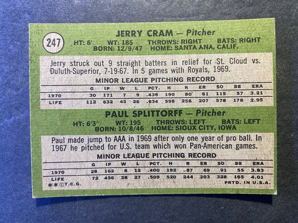 1971 Topps Baseball Royals Rookies Jerry Cram/Paul Splittorff Rookie ...
