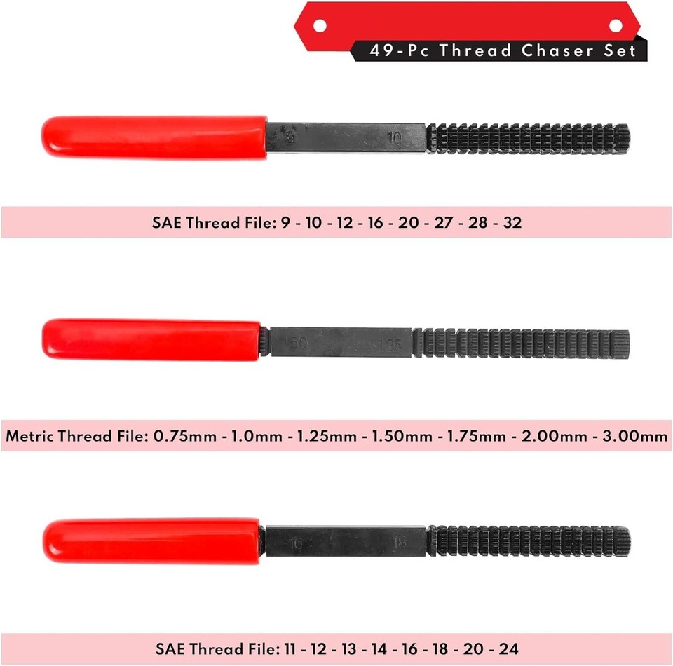49PC Thread Repair Tool UNC UNF Metric Thread Chaser Restorer Kit with ...