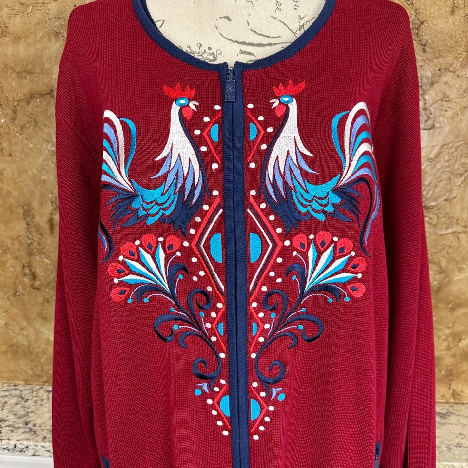 VTG Bob Mackie Wearable Art Rooster Cardigan Sweater 2X Full Zip ...