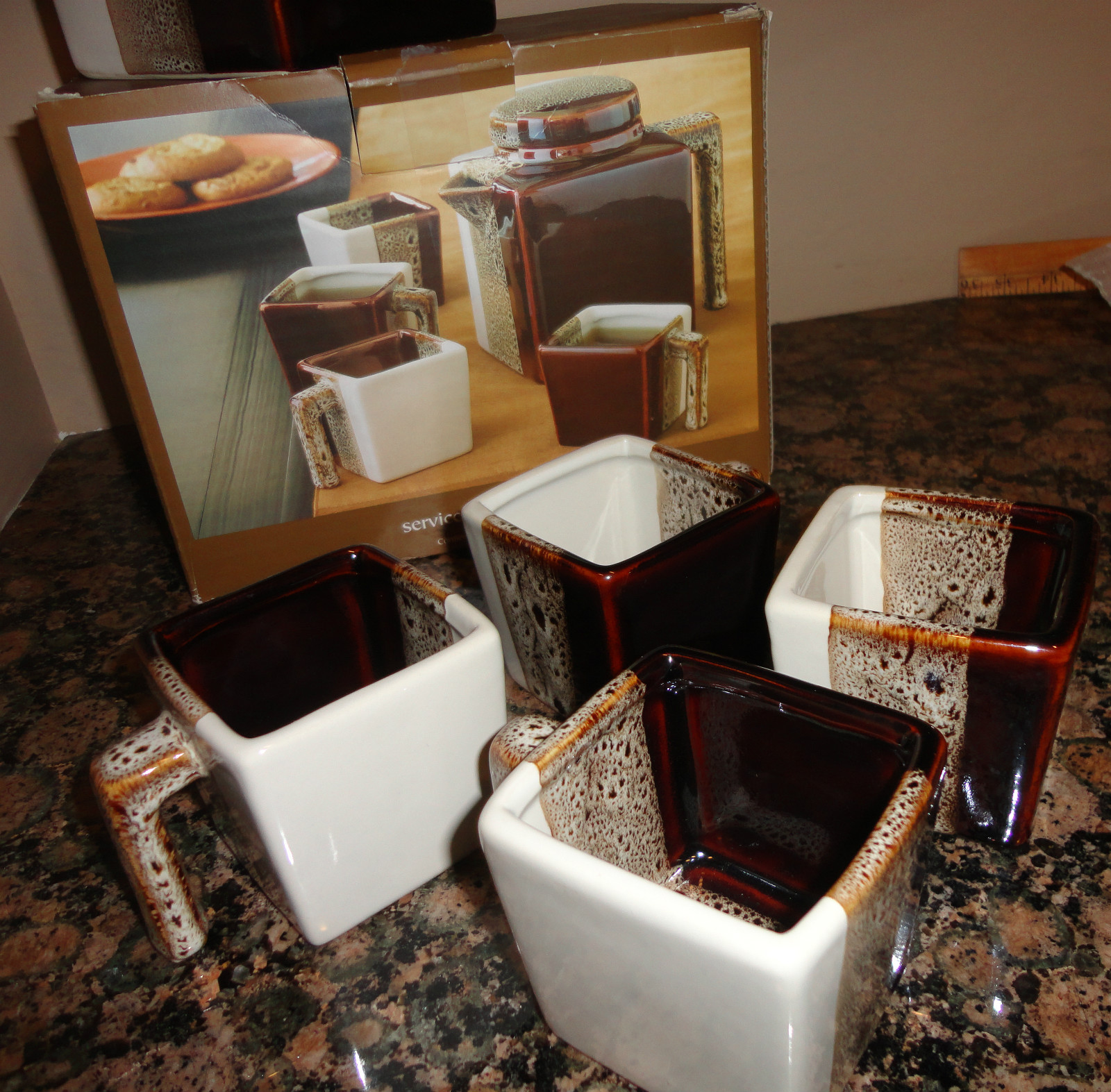 PIER 1 IMPORTS TRI COLOR SQUARE TEA / COFFEE SET TEA POT 4 CUPS NEW IN ...