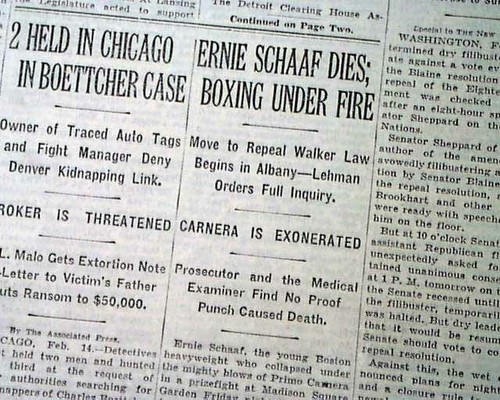 ERNIE SCHAAF Heavyweight Boxing Primo Carnera Knockout DEATH 1933 Old ...