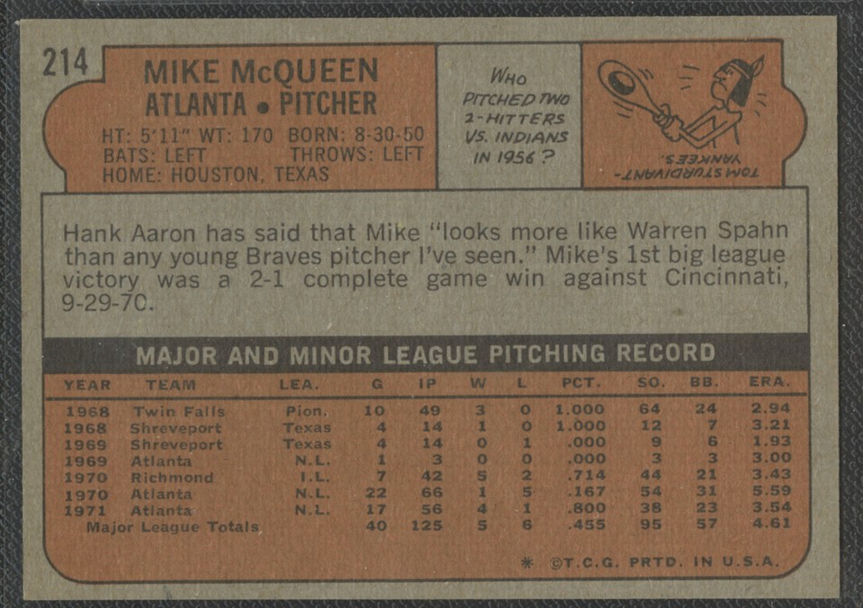 1972 Topps #214 Mike McQueen Atlanta Braves | eBay