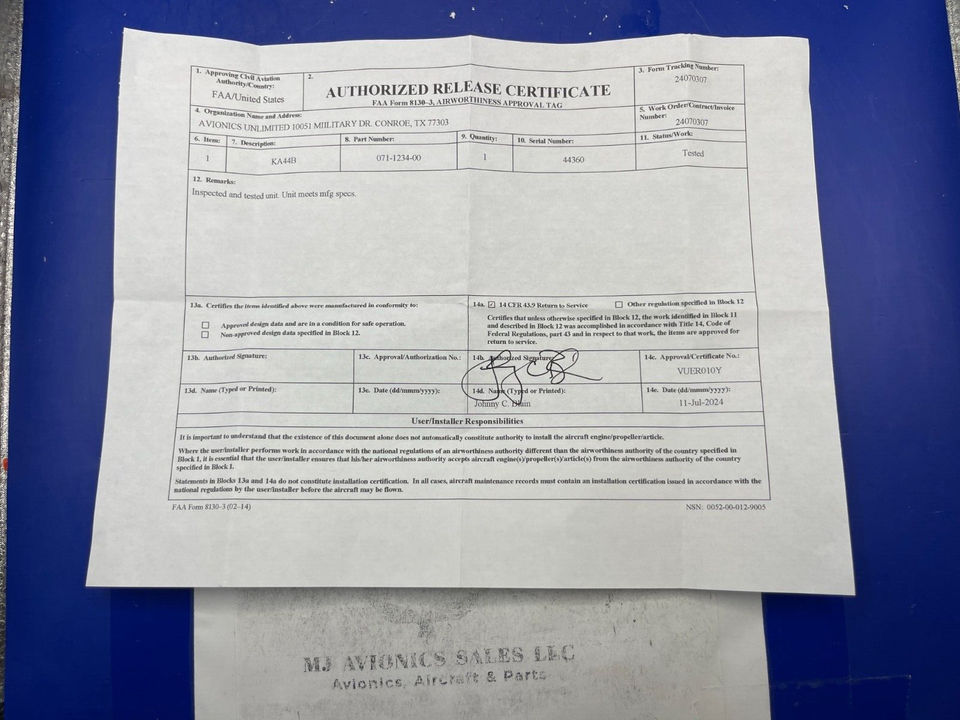 KING KA 44B ADF ANTENNA P/N 071-1234-00 WITH FAA FORM 8130-3 | eBay