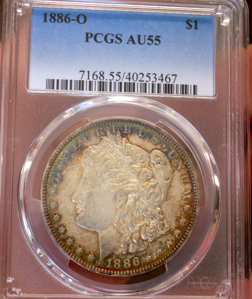 MORGAN SILVER DOLLAR 1886 O PCGS AU 55+++ RAINBOW UNDER GRADE WOW COIN ...